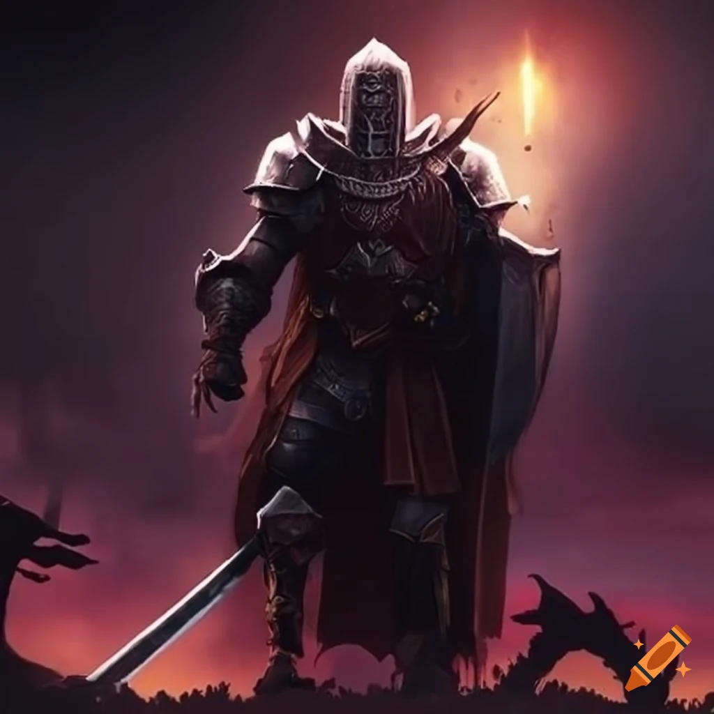 Knight going into battle in a dark and cloudy atmosphere on Craiyon