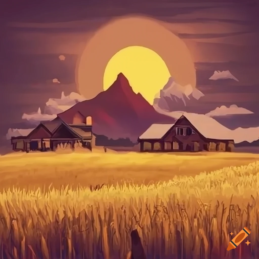 Ranch and wheat fields with people approaching, mountains in the ...