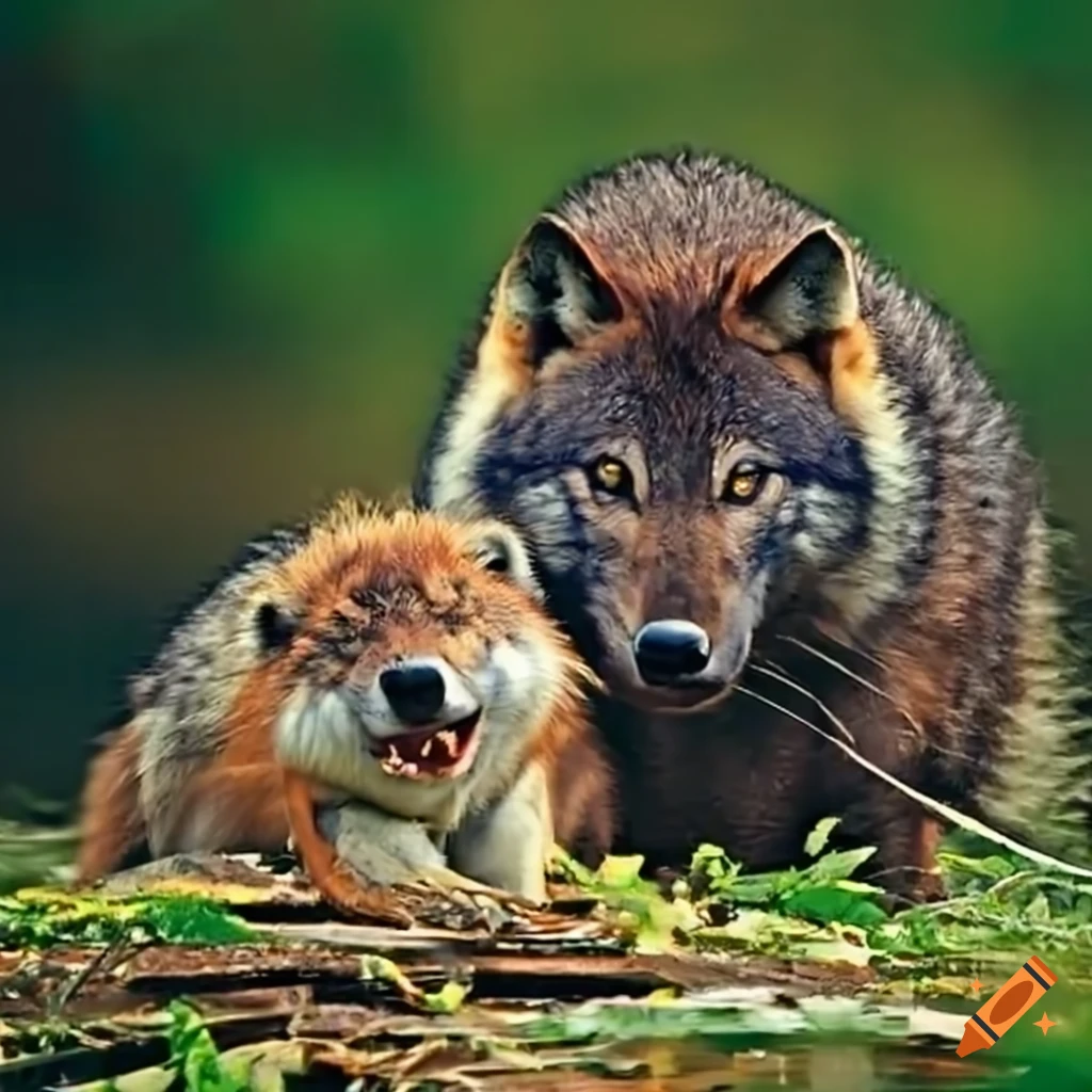 Small wolf getting scared by a beaver on Craiyon