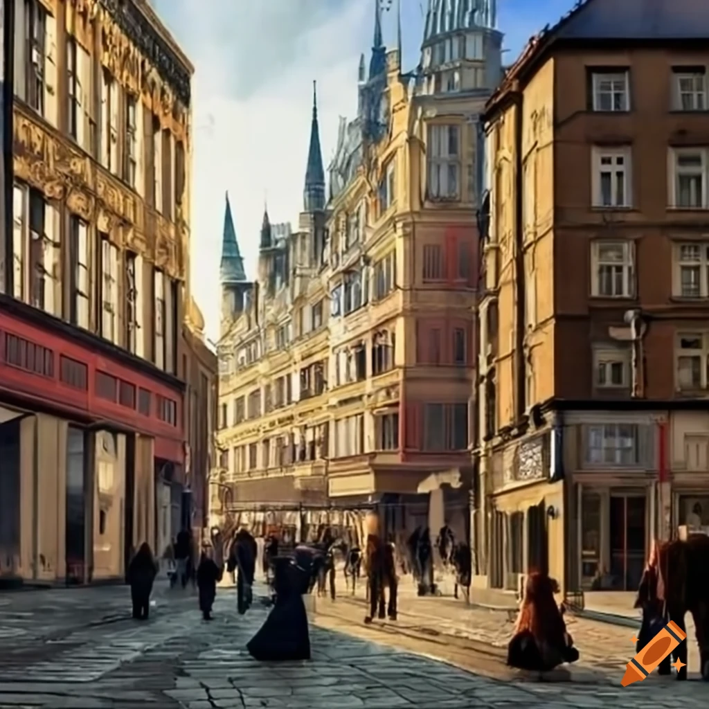 European street with 19th century buildings, people, and street shops ...
