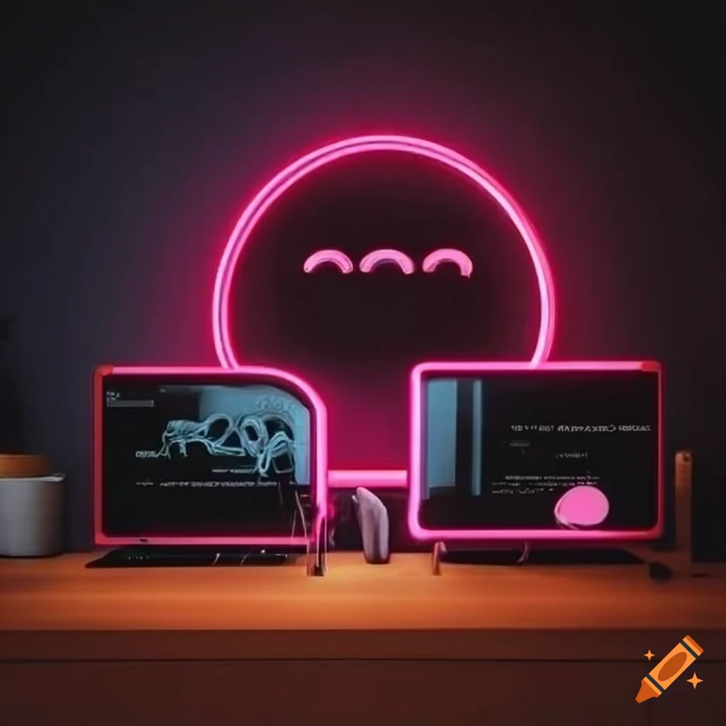 Good vibes only neon sign with a software engineer at desk on Craiyon