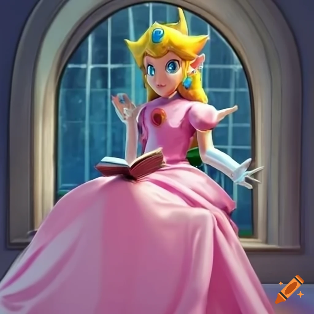 Character in princess Peach's pink silk ballgown reading in front of ...
