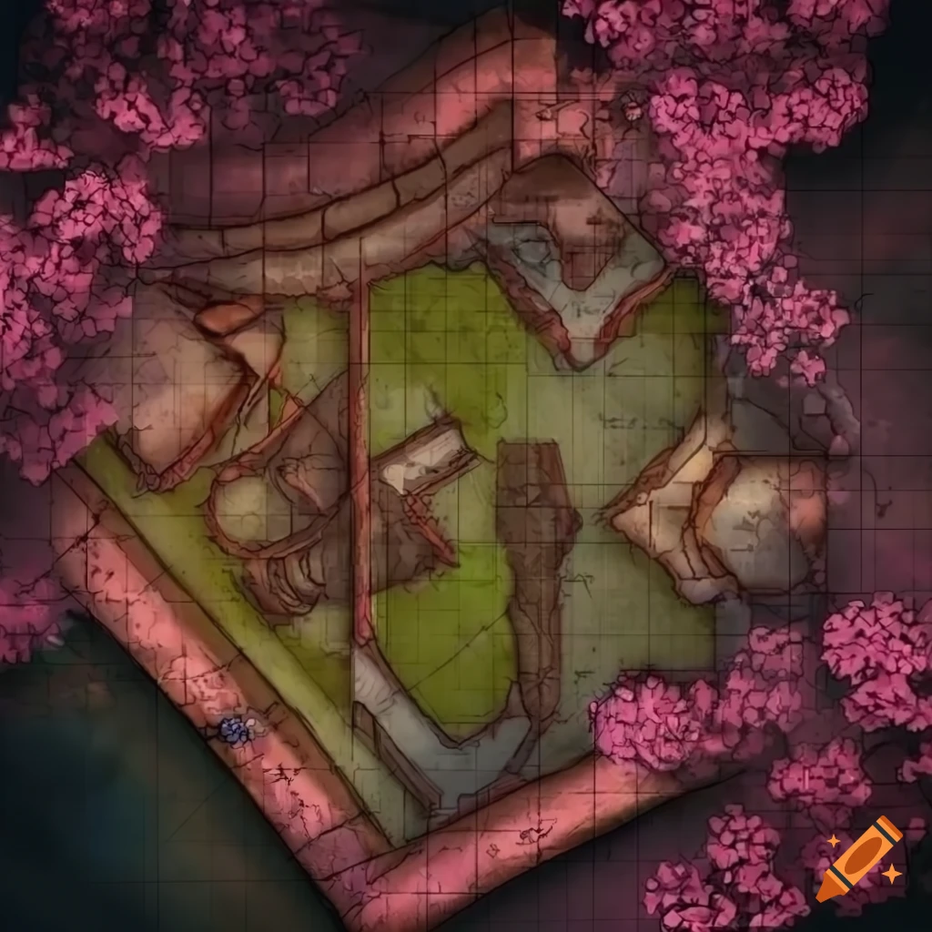 Asian temple with cherry tree and grid for battlemap on Craiyon