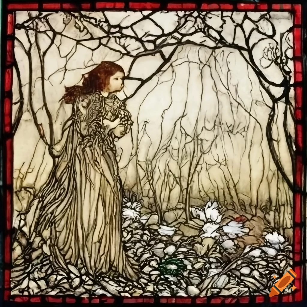 Stained glass meadow inspired by Arthur Rackham's style on Craiyon