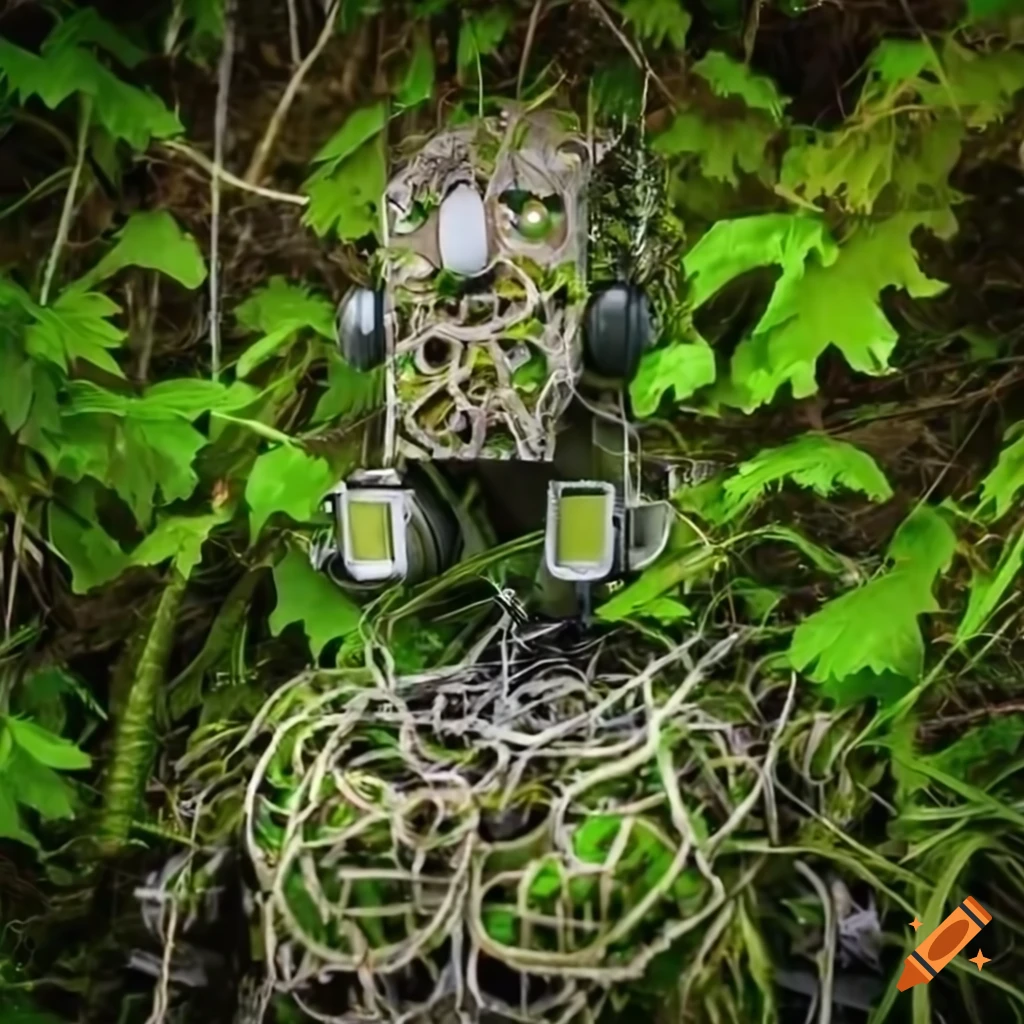 Multidimensional robot with headphones in a green overgrown swamp on ...