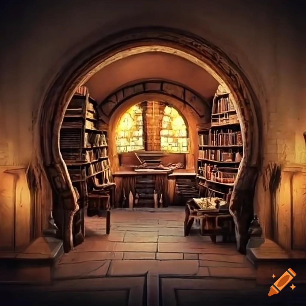 Tolkien hobbit-style library on Craiyon