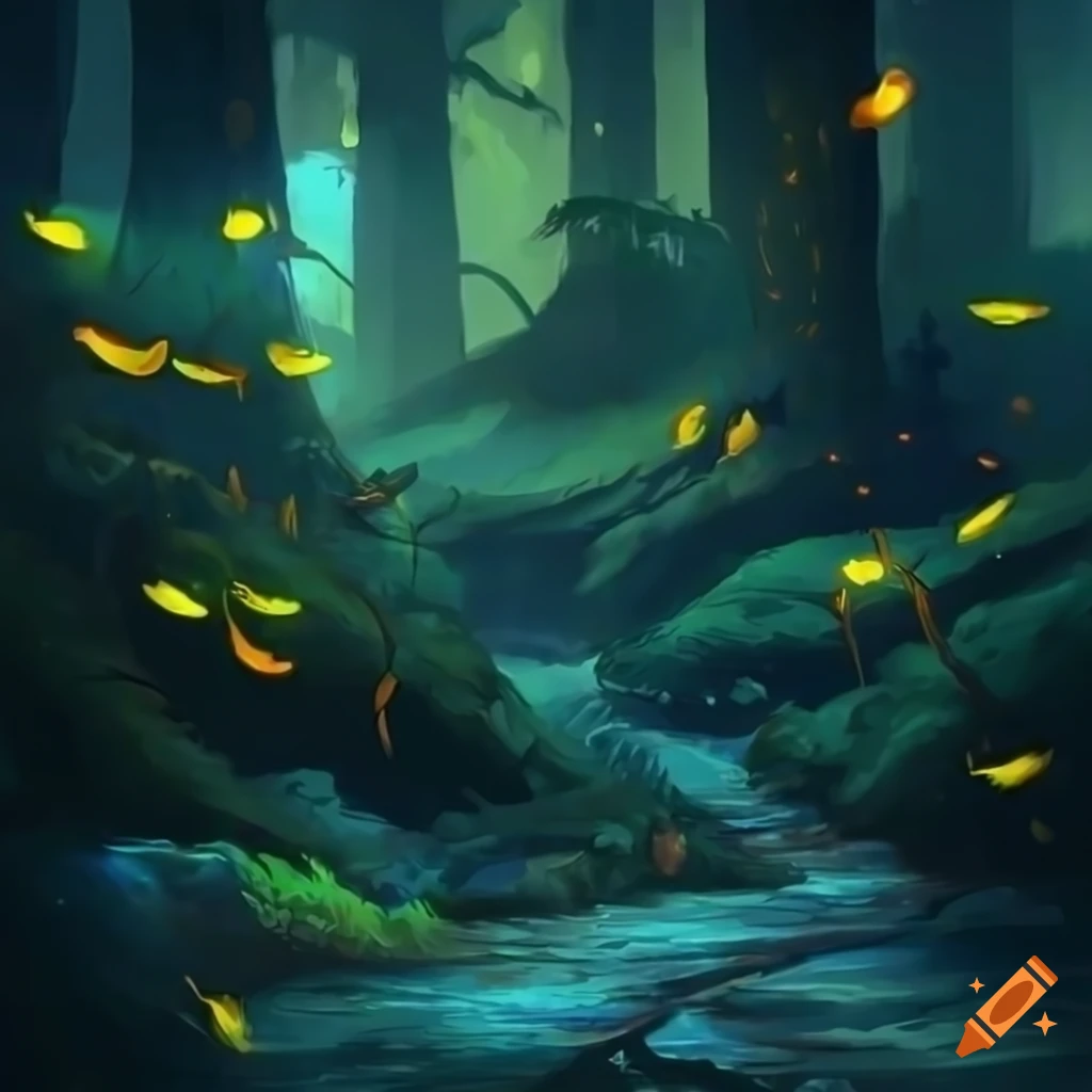 Majestic rainforest at night with fireflies in stylized concept art on ...