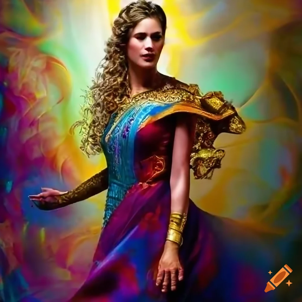 Emma of veridaegis wearing a kaleidoscopic gown in a captivating realm ...