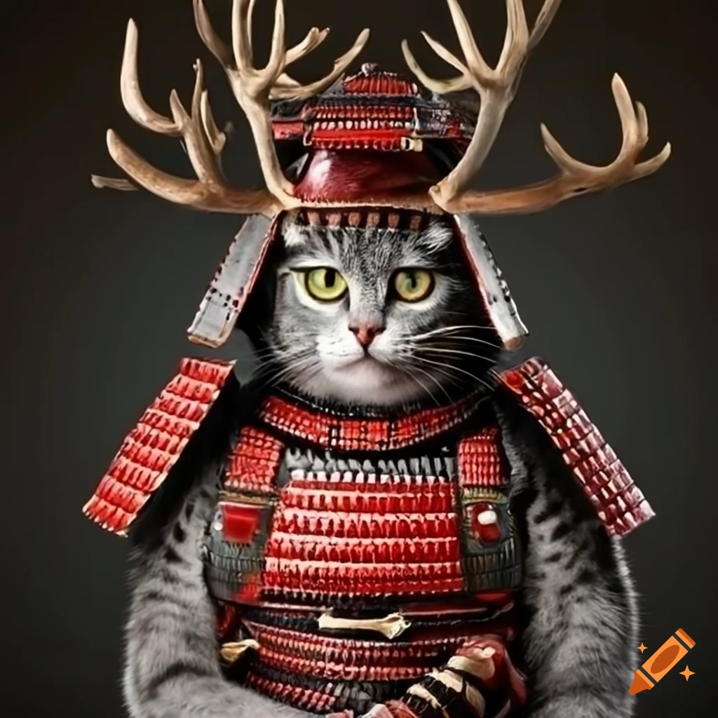Light grey cat in red samurai armor with antlers on Craiyon