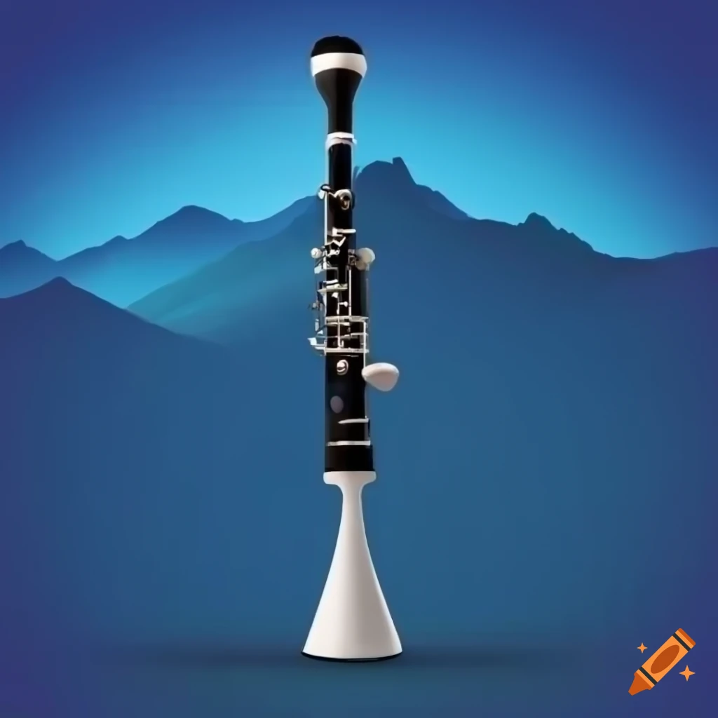 Flying clarinet in front of cubist-style artificial mountains on Craiyon