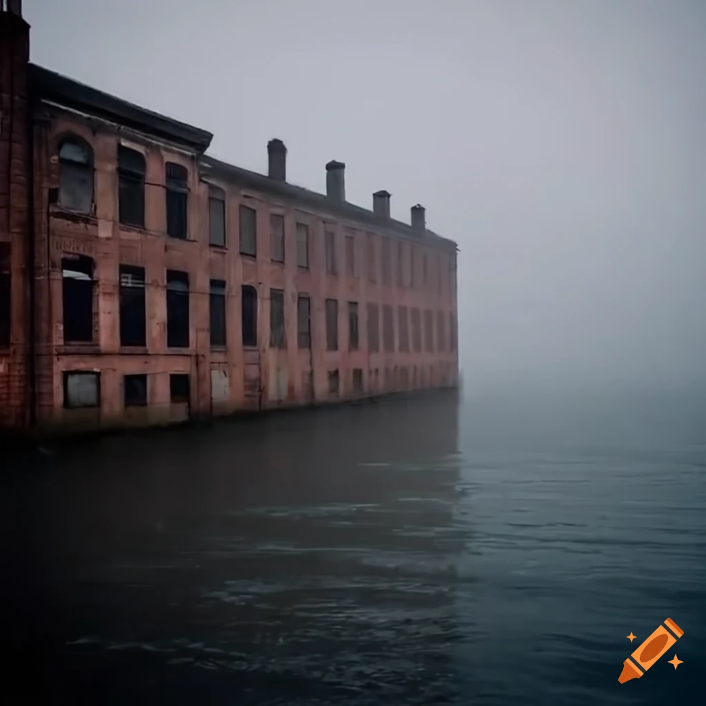 Abandoned edwardian factory buildings sinking into black ocean in pale ...