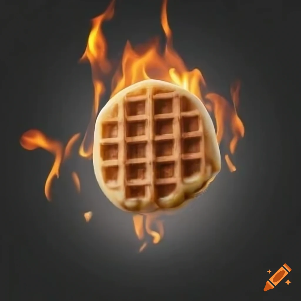Waffle surrounded by fire on black background on Craiyon