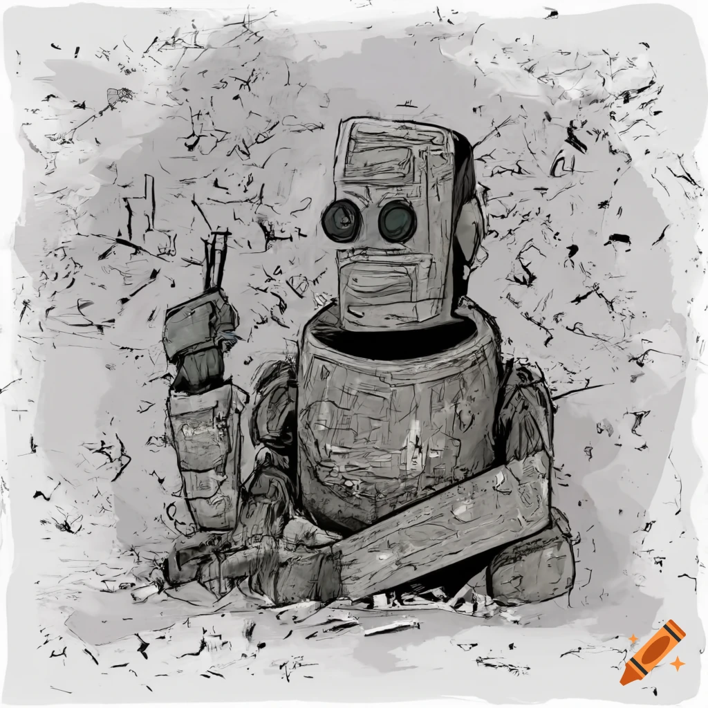 Post-apocalyptic scene with a ruined robot in a charcoal drawing on Craiyon