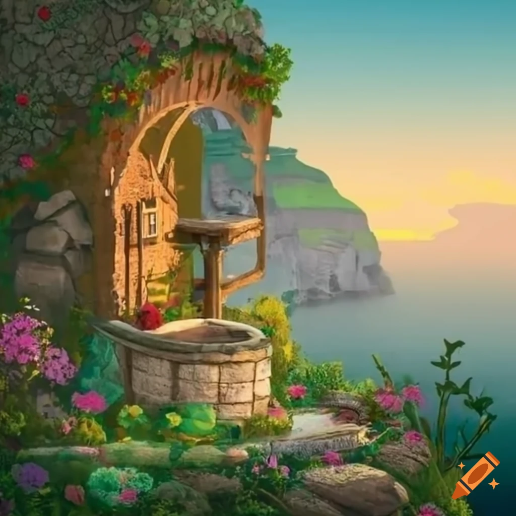 Magical well surrounded by flowers and trees with a nearby cliffside ...