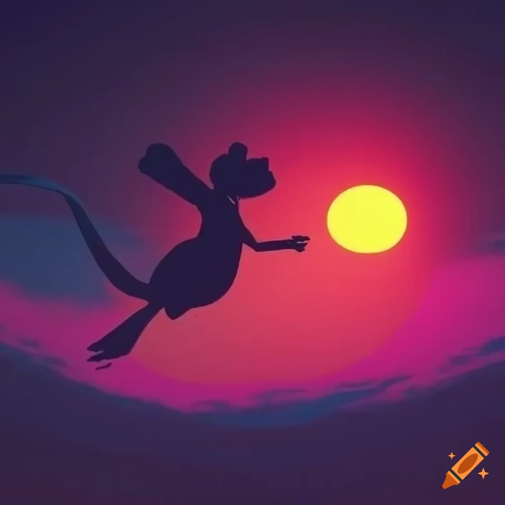 Retro anime style with Pokémon Mew flying in vibrant sunset silhouette ...