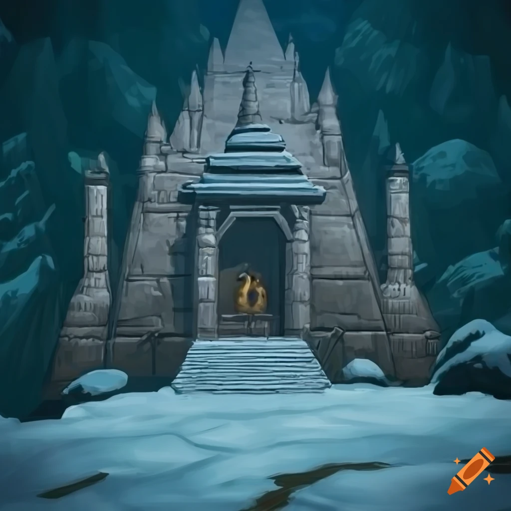 Temple entrance in snowy mountainside in dnd style on Craiyon