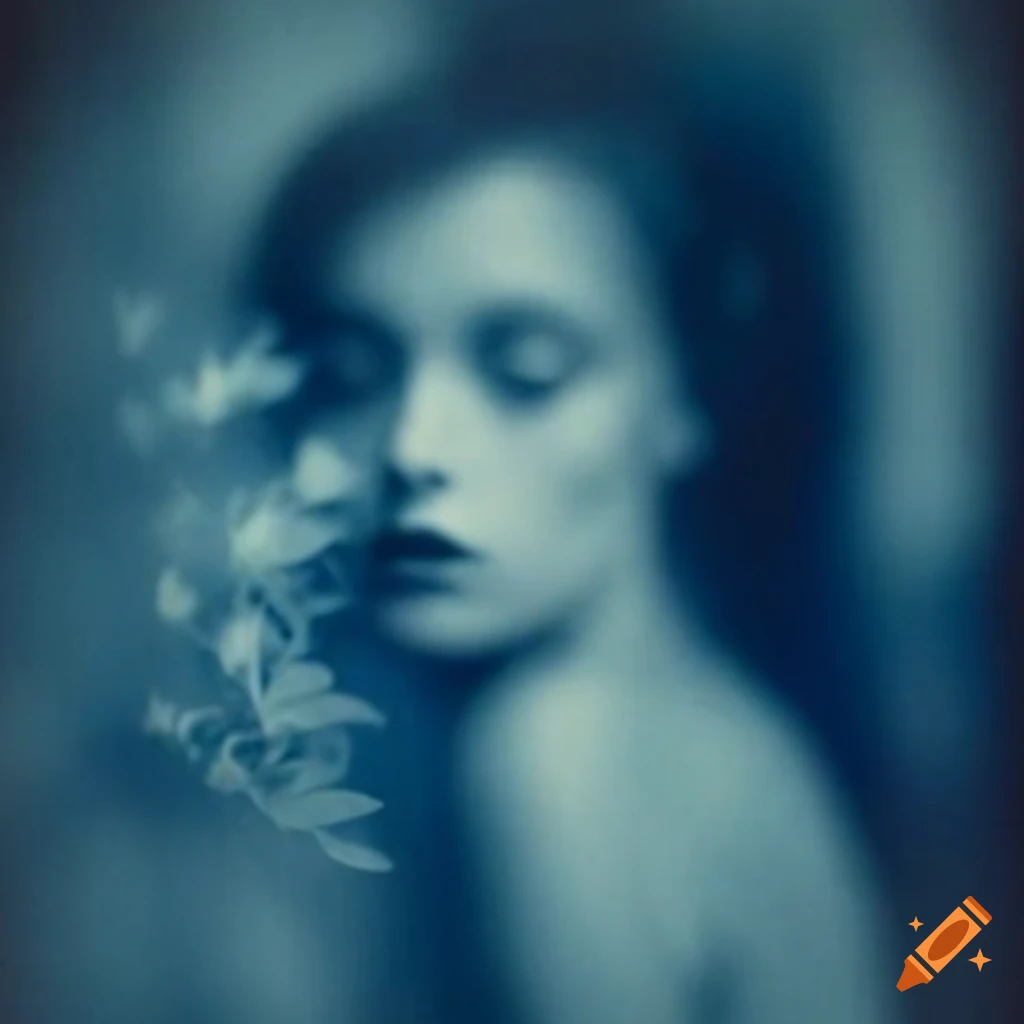 Blurry shot of a beautiful woman with big flowers in cyanotype vintage photography style on Craiyon