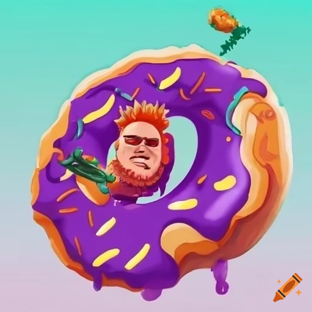 Cartoon-style depiction of fat mike flying a carrot through a purple ...
