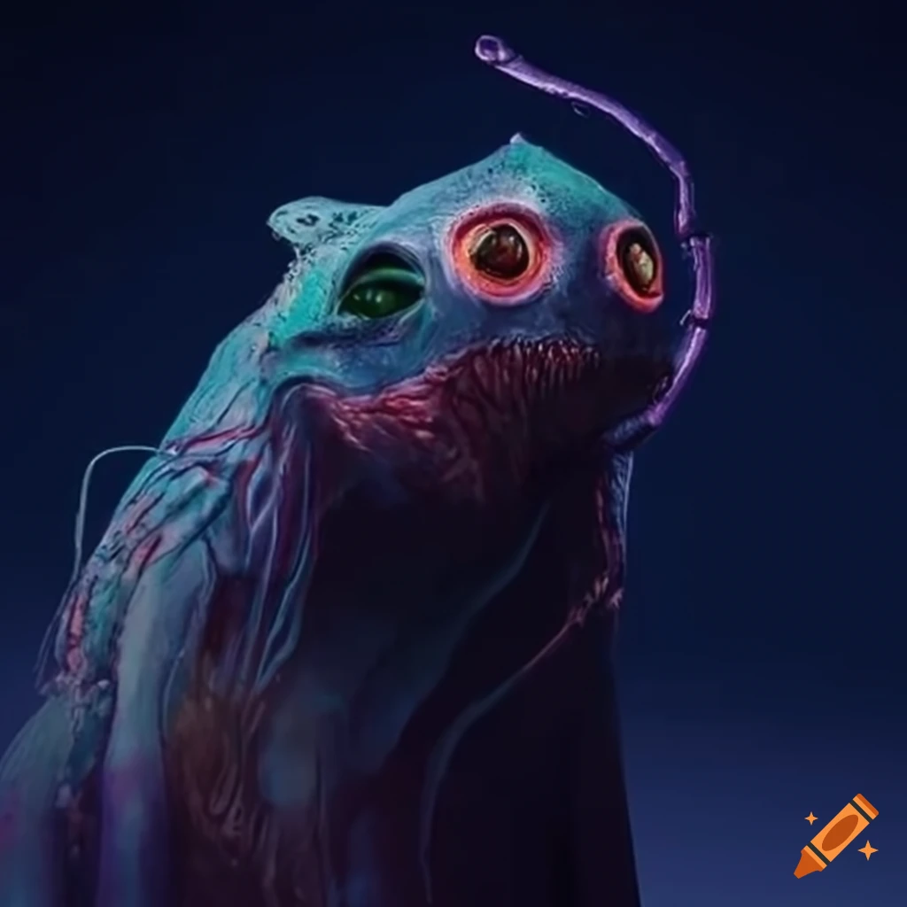 Unusual space creature surrounded by plants on Craiyon