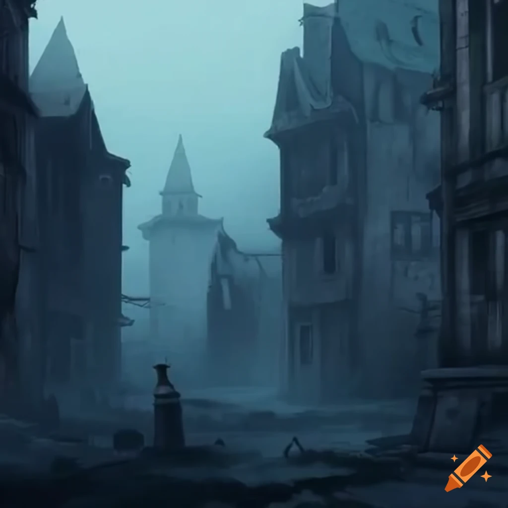 Decrepit medieval city overrun with pipes and smog on Craiyon