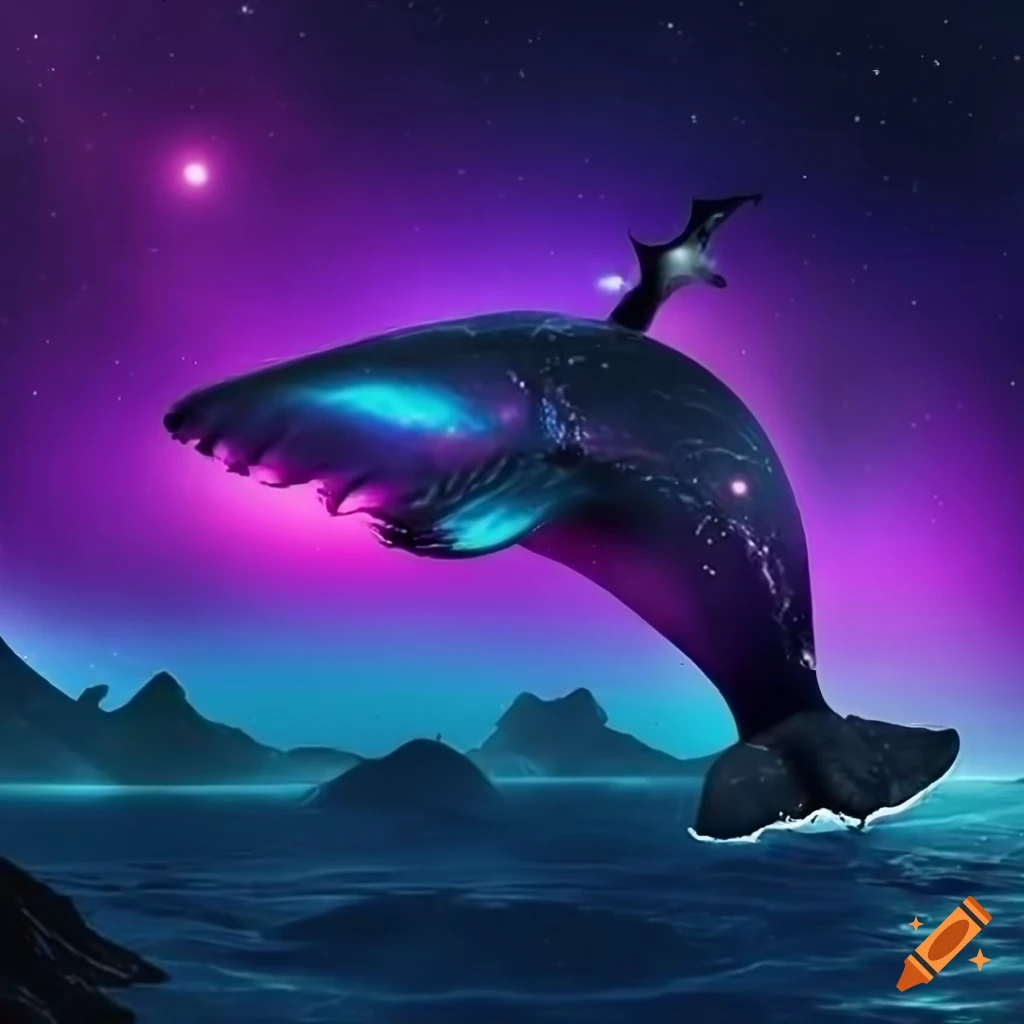 Futuristic whale swimming in outer space with colorful planets and ...