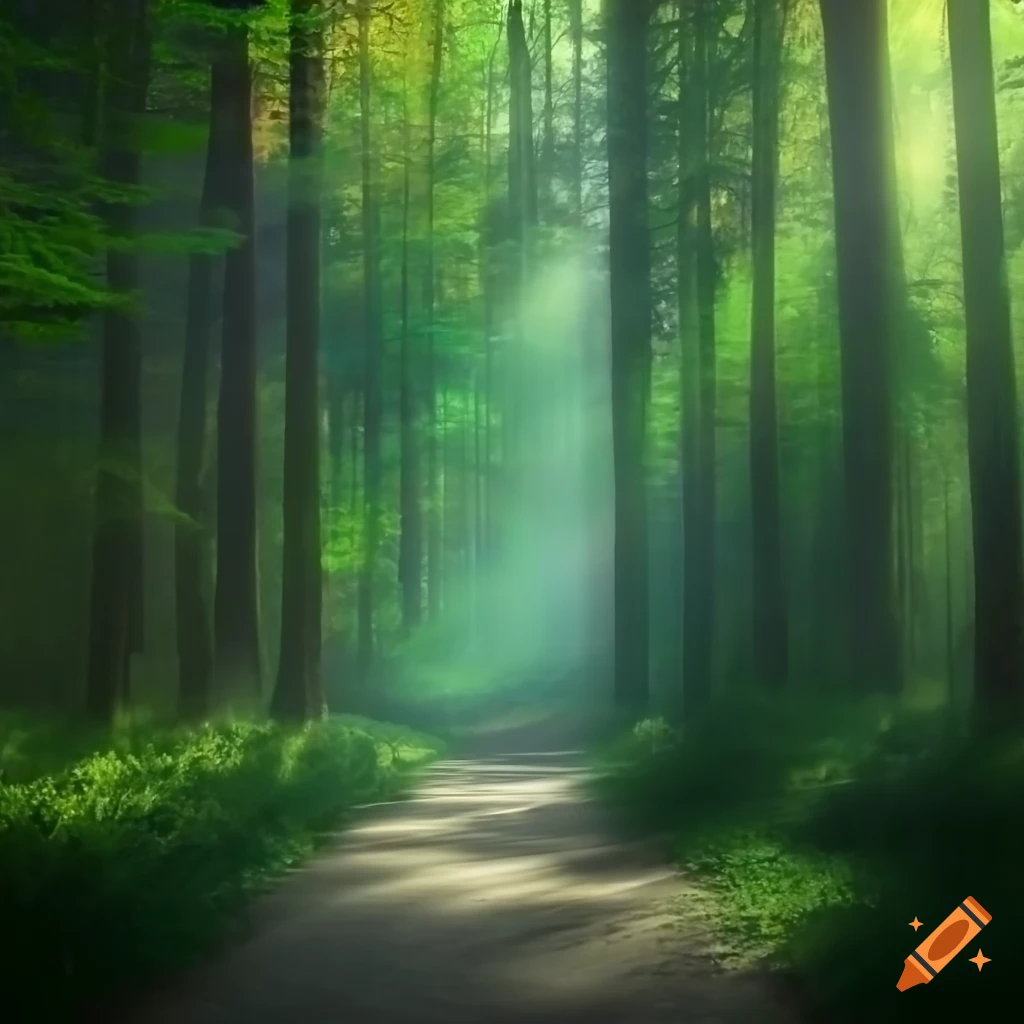 Serene path meandering through a vibrant forest towards the light on ...