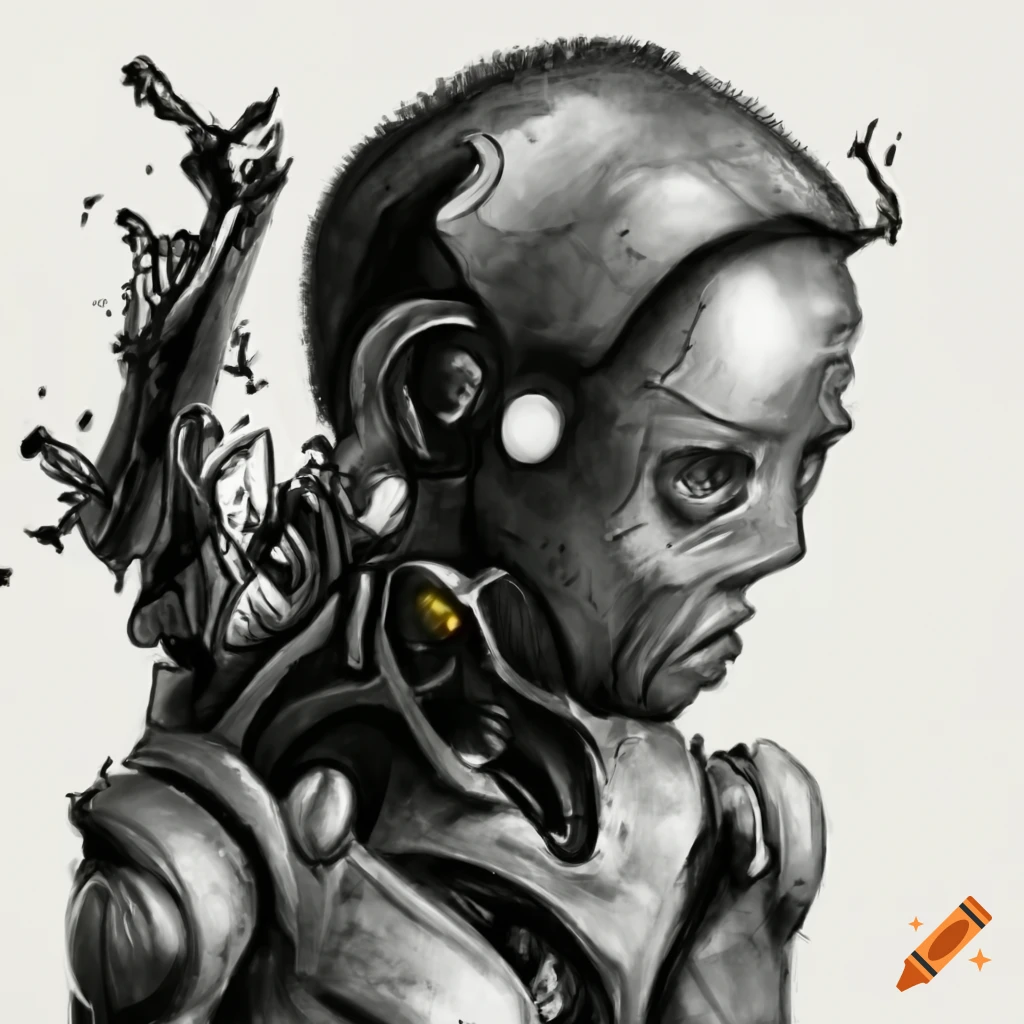Dystopian broken robot charcoal illustration on white background on Craiyon