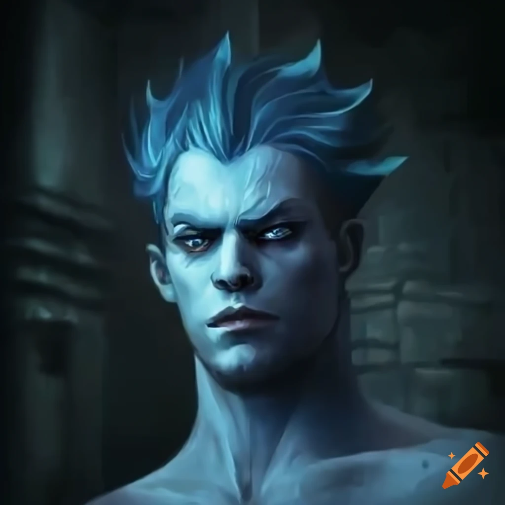 Handsome blue-skinned man with gills, sharp teeth, and claws standing ...