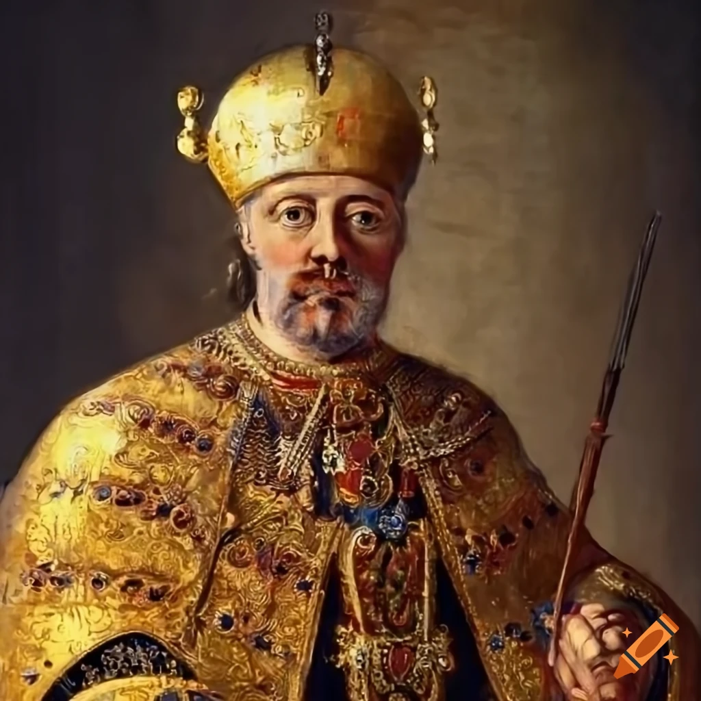 Historical painting of a 13th century Polish Tsar in richly decorated ...
