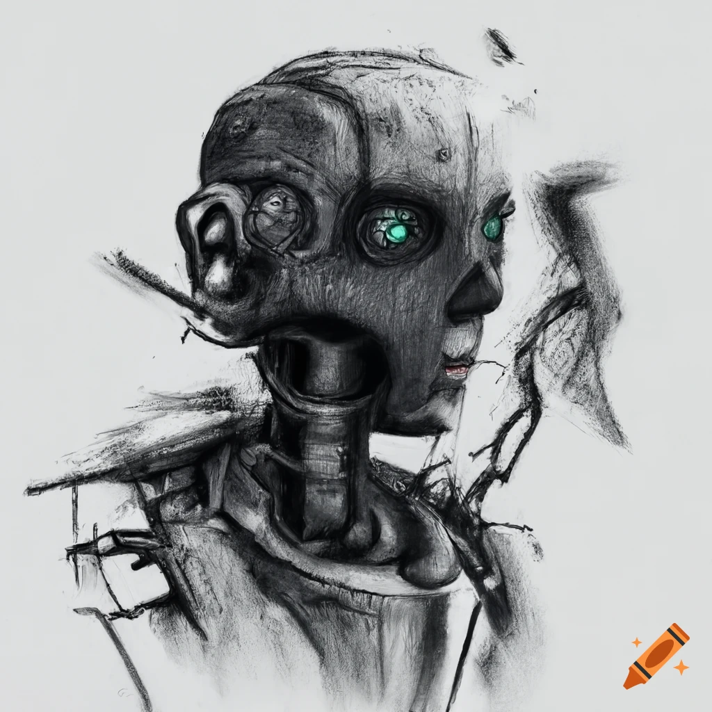 Dystopian broken robot charcoal illustration on white background on Craiyon