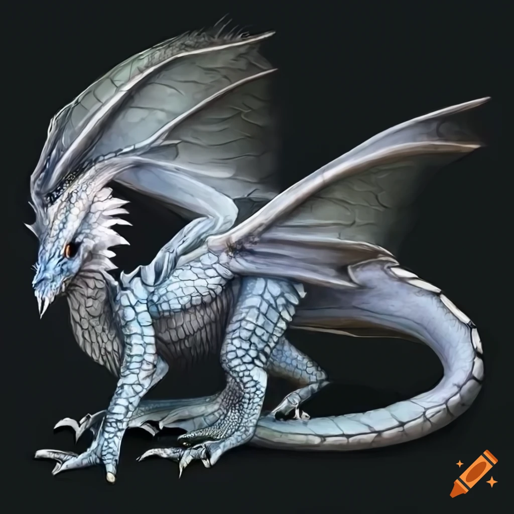Profile of a dragon with pale gray scales and small wings on Craiyon