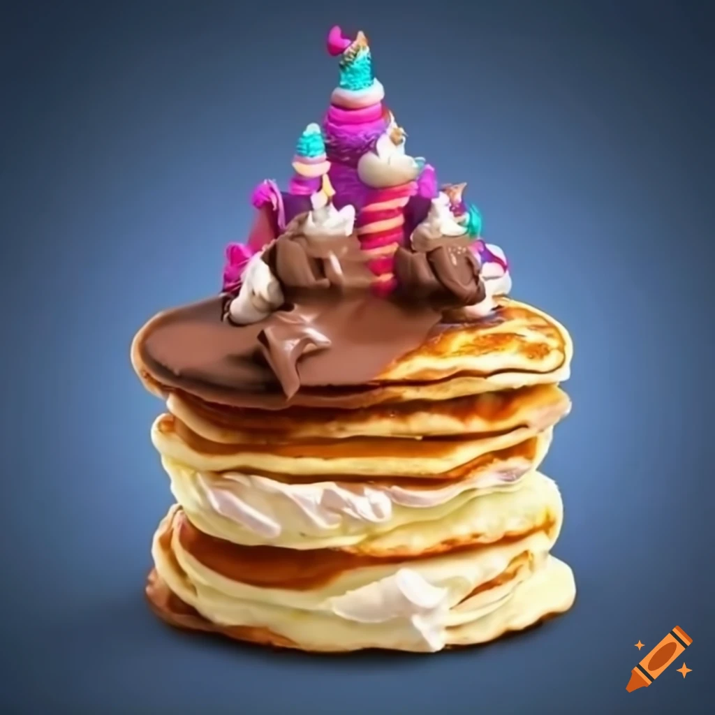 Pancake with whipped cream castle and chocolate unicorns on Craiyon