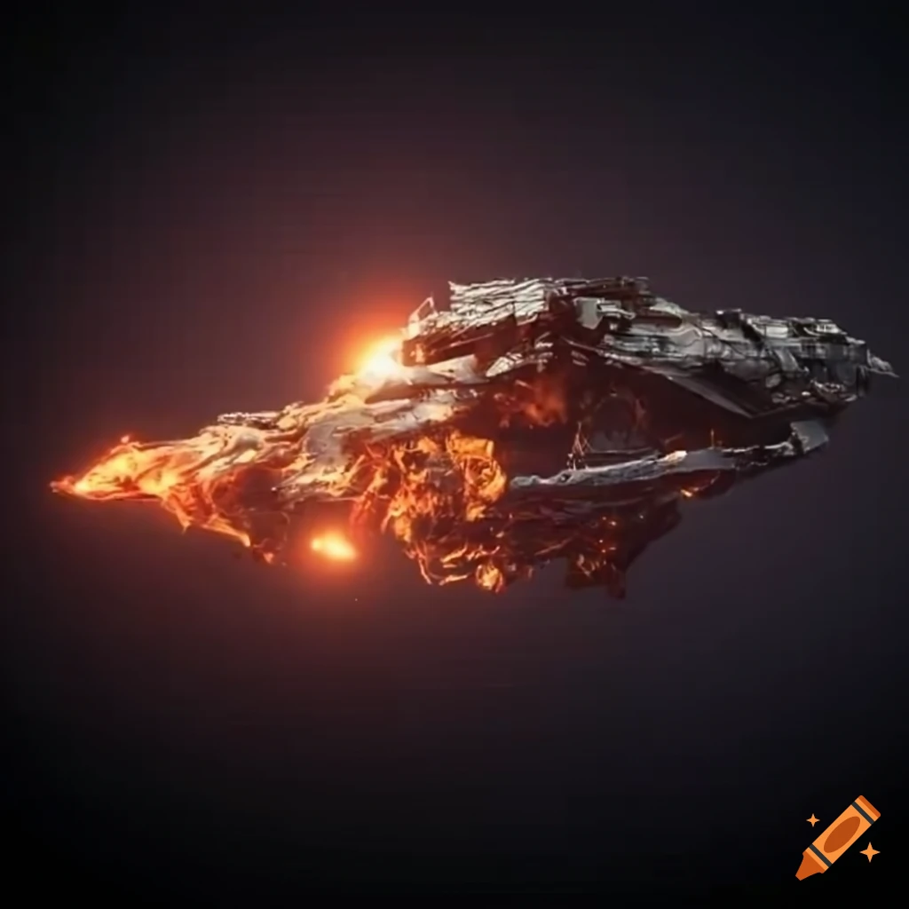 Damaged spaceship adrift with hull damage and fire on Craiyon