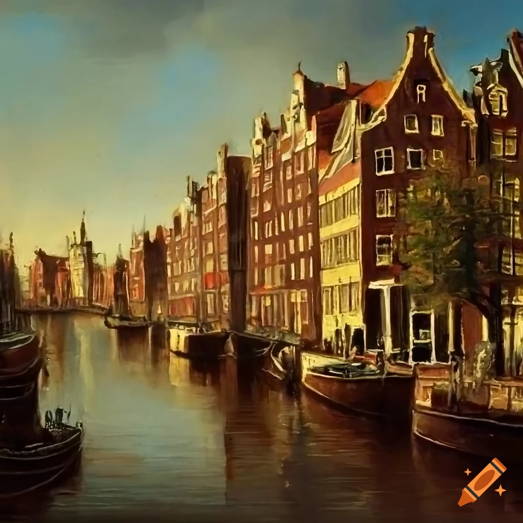 Artistic representation of amsterdam's iconic buildings, canals, and ...