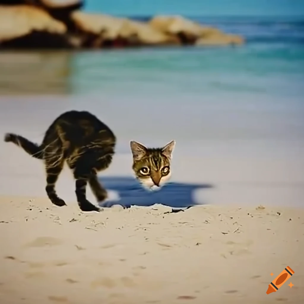 Cat being chased by a security guard on the beach in the sunshine on ...