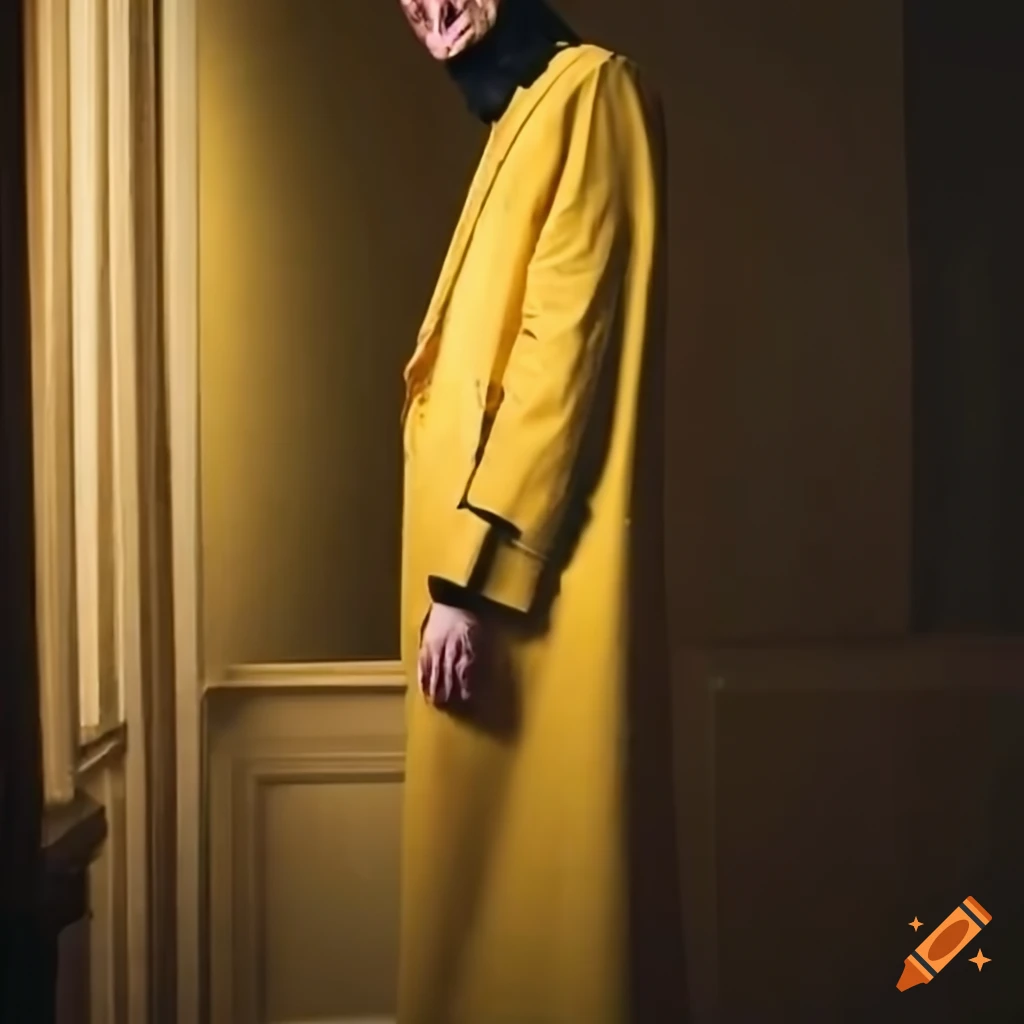 Tall Skinny Man In Yellow Trenchcoat With Wide Smile In A Dark Room On