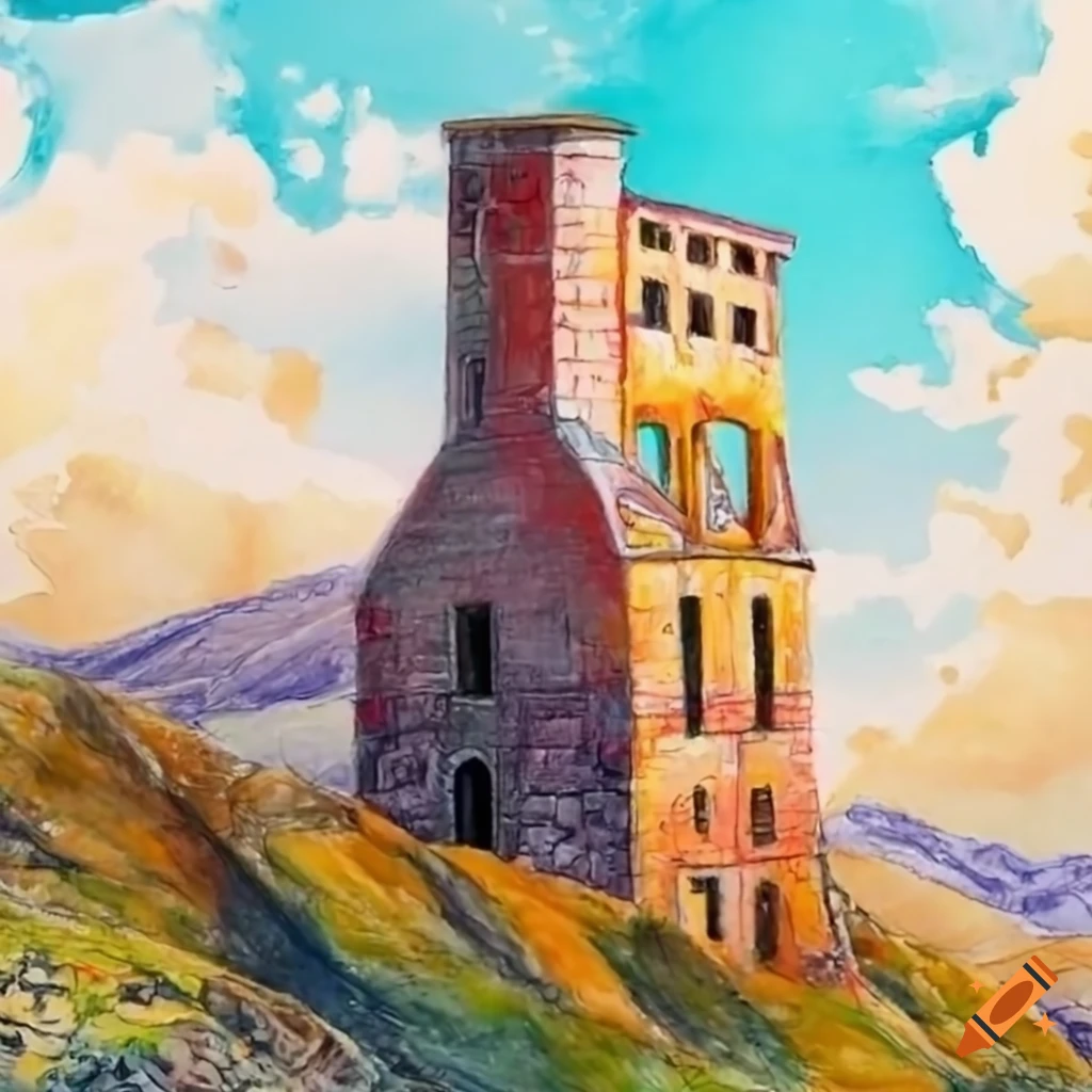 Color pencil drawing of a cornish tin mine with highly detailed 4k ...