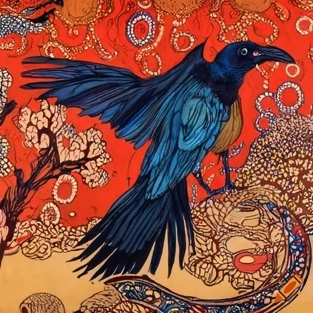 Raven illustration inspired by batik, aboriginal textiles, Edmund Dulac ...
