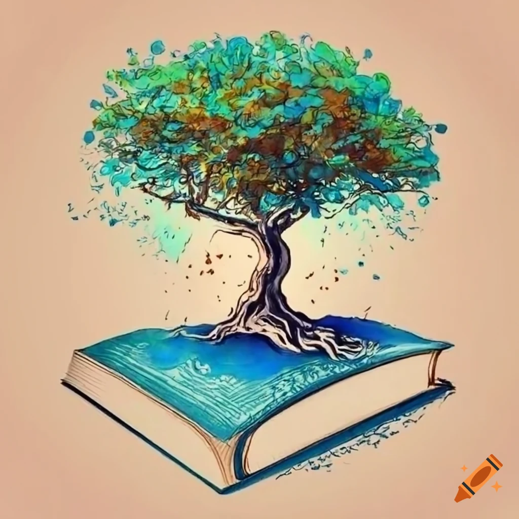 Beautiful tree growing out of a big open book in a green, brown, and ...