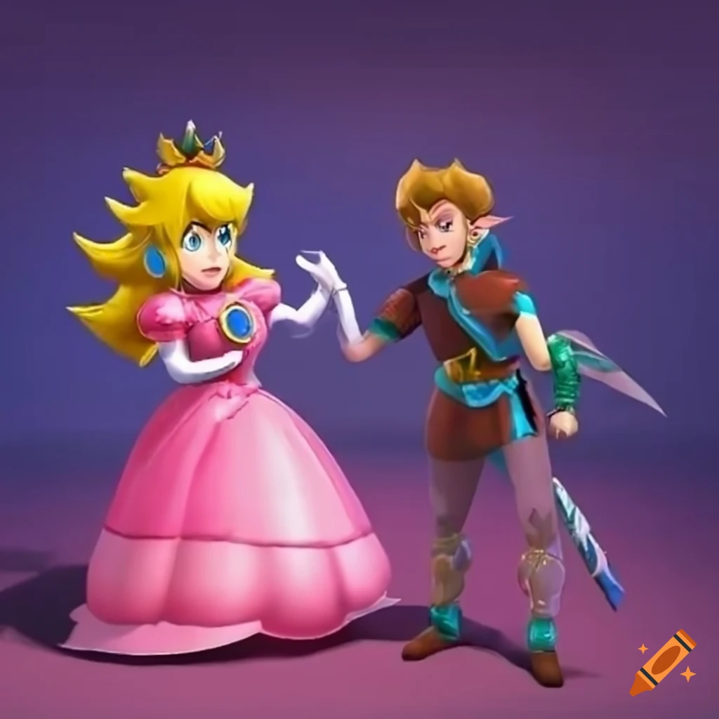 Princess Peach And Link Dancing In Pink Silk Ballgowns On Craiyon
