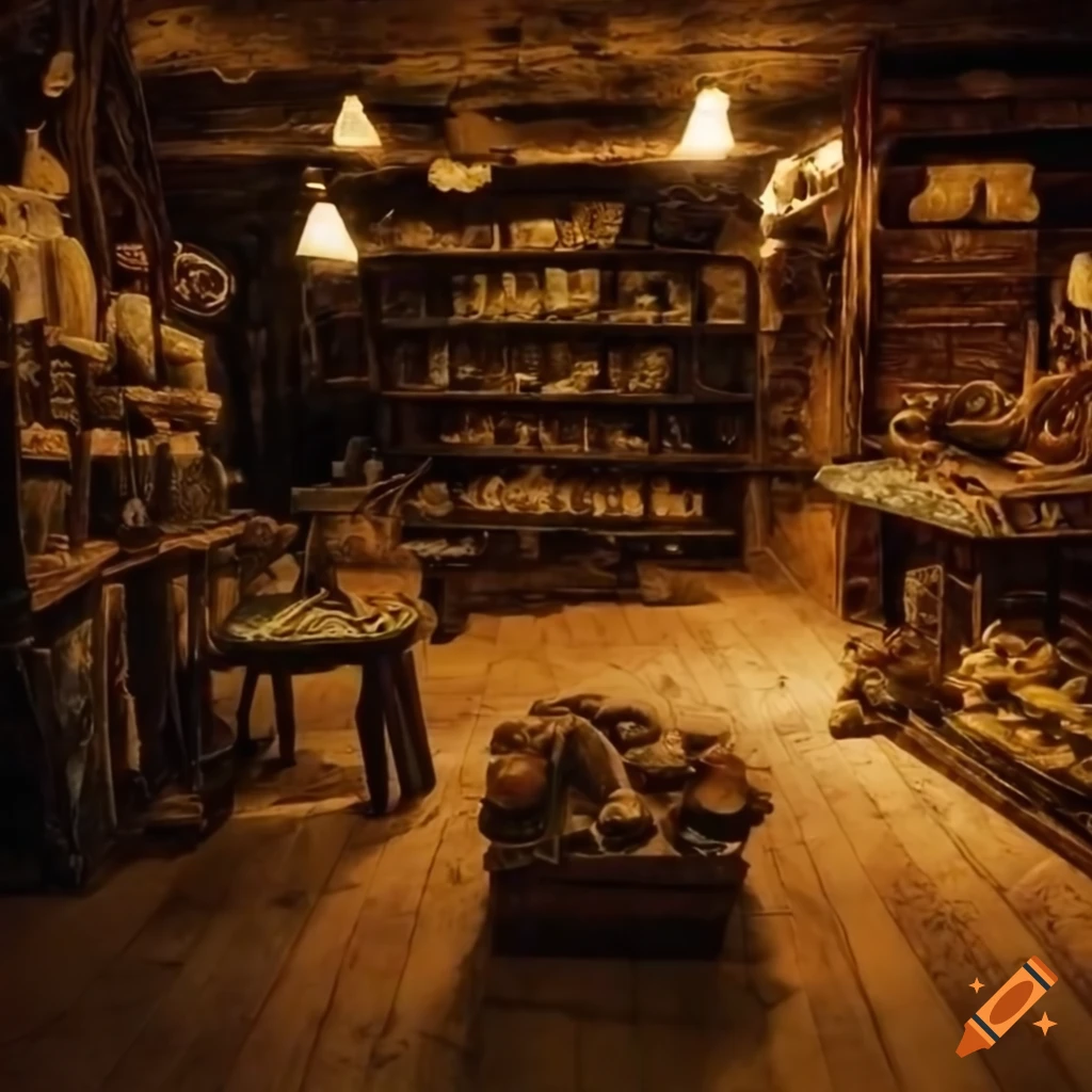 Bright interior of a medieval general store with a game-like atmosphere ...