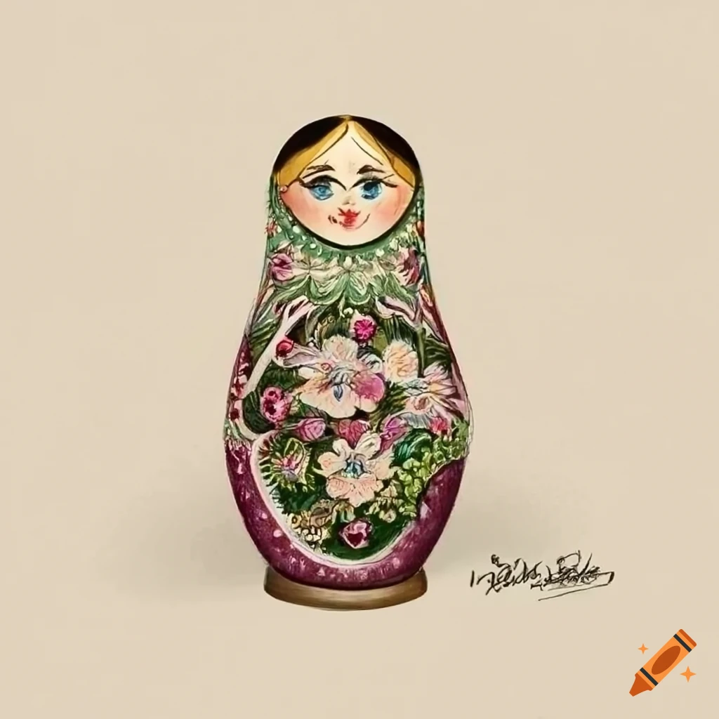 Russian doll with floral paintings in pencil drawing on Craiyon