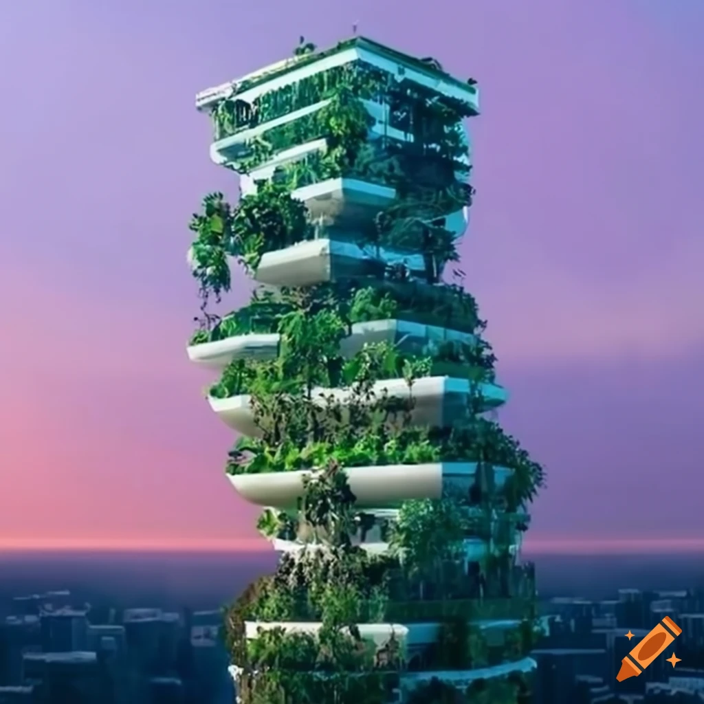 Skyscraper covered in plants with green windows in a solarpunk style on ...