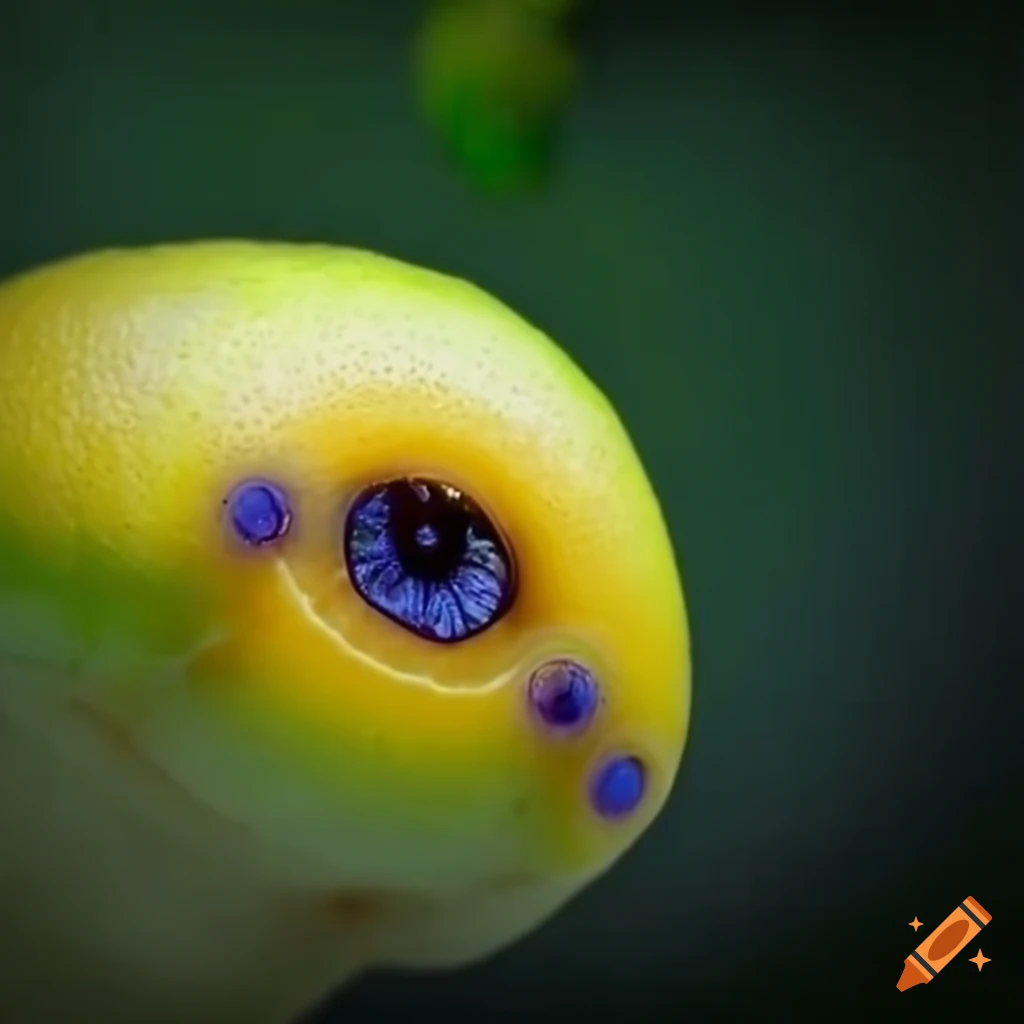 Bizarre creature with glowing human eye surrounded by fruits on Craiyon