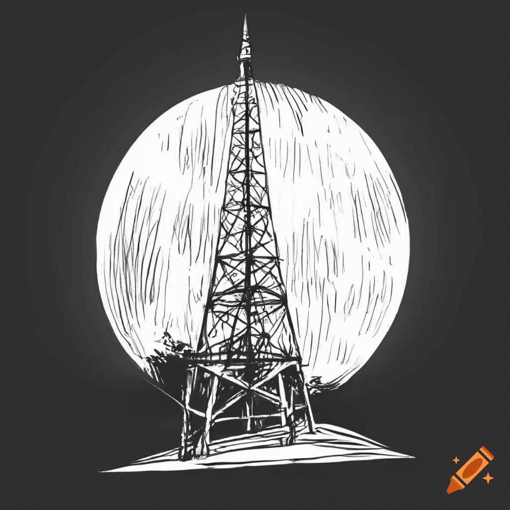 Rough sketch of a radio tower emitting signals on a hill on Craiyon