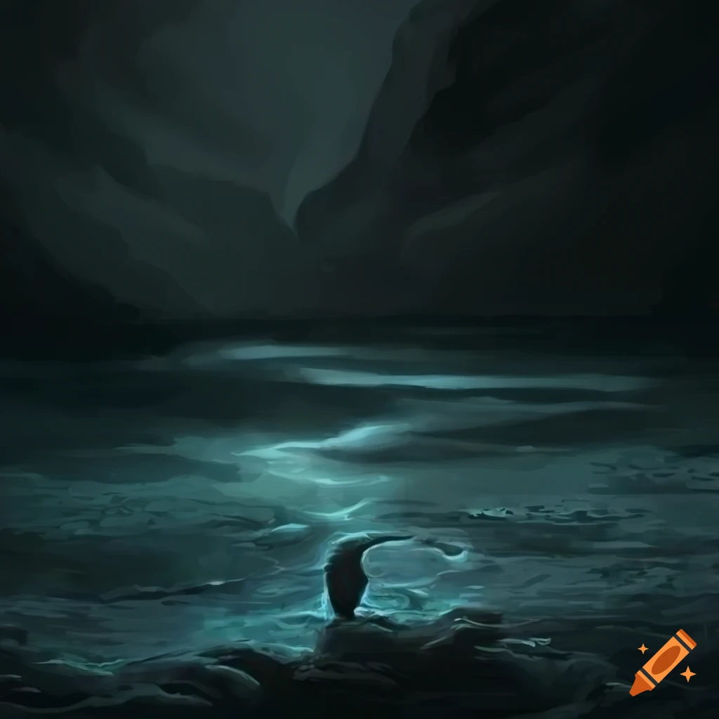 Concept art of mutated clam on a dark desolate shoreline on Craiyon