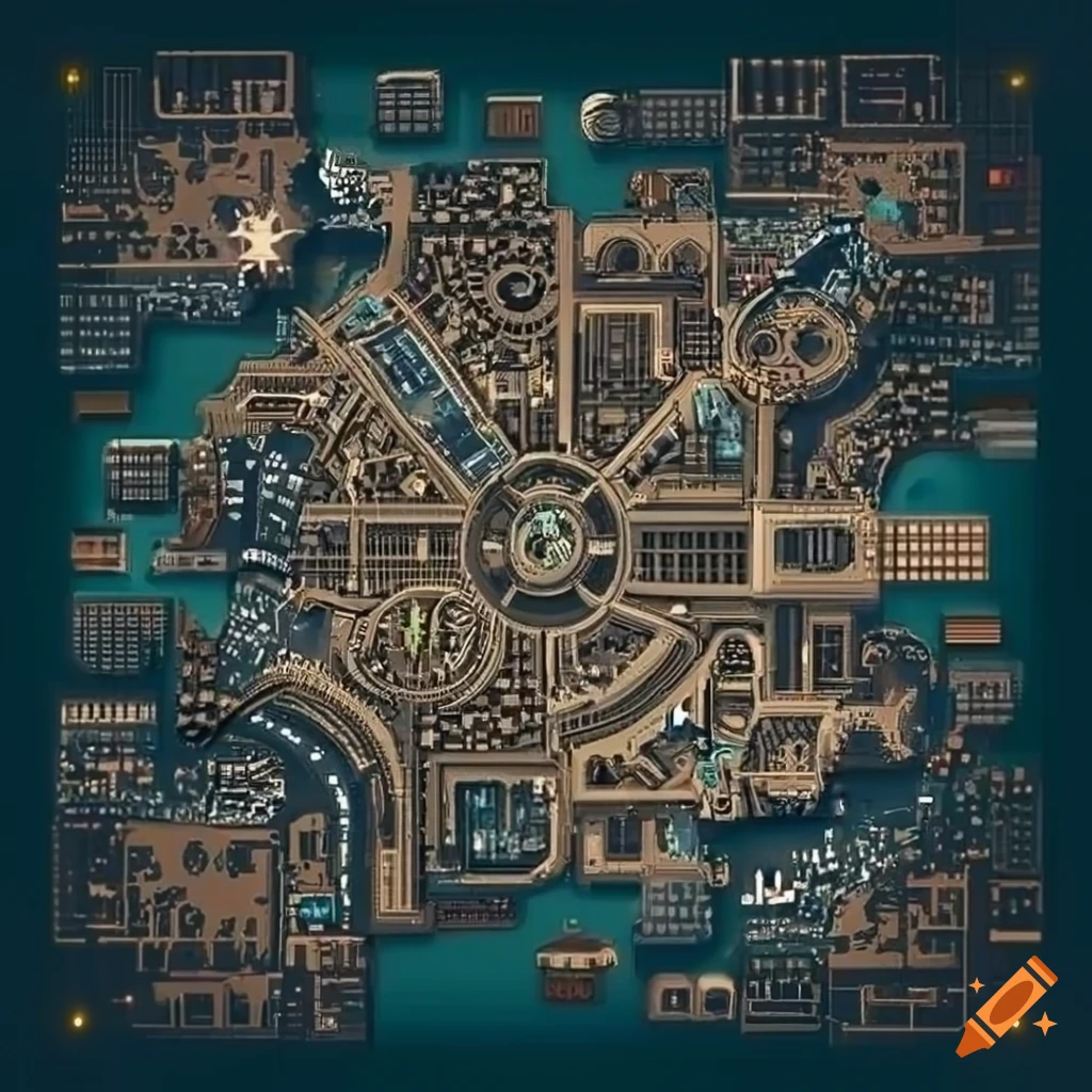 Top view of a full steampunk city map with colored districts and 3D ...