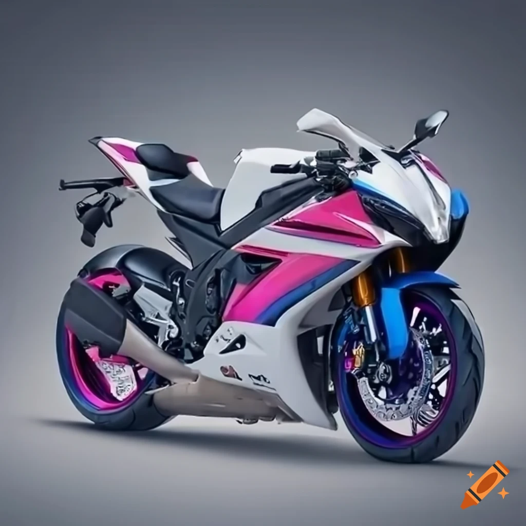 White, pink, and blue yamaha r6 motorcycle in 4k resolution on Craiyon