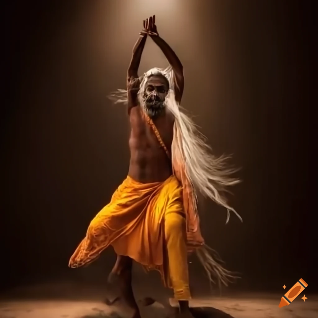 Indian sadhu dancing in a village during famine on Craiyon