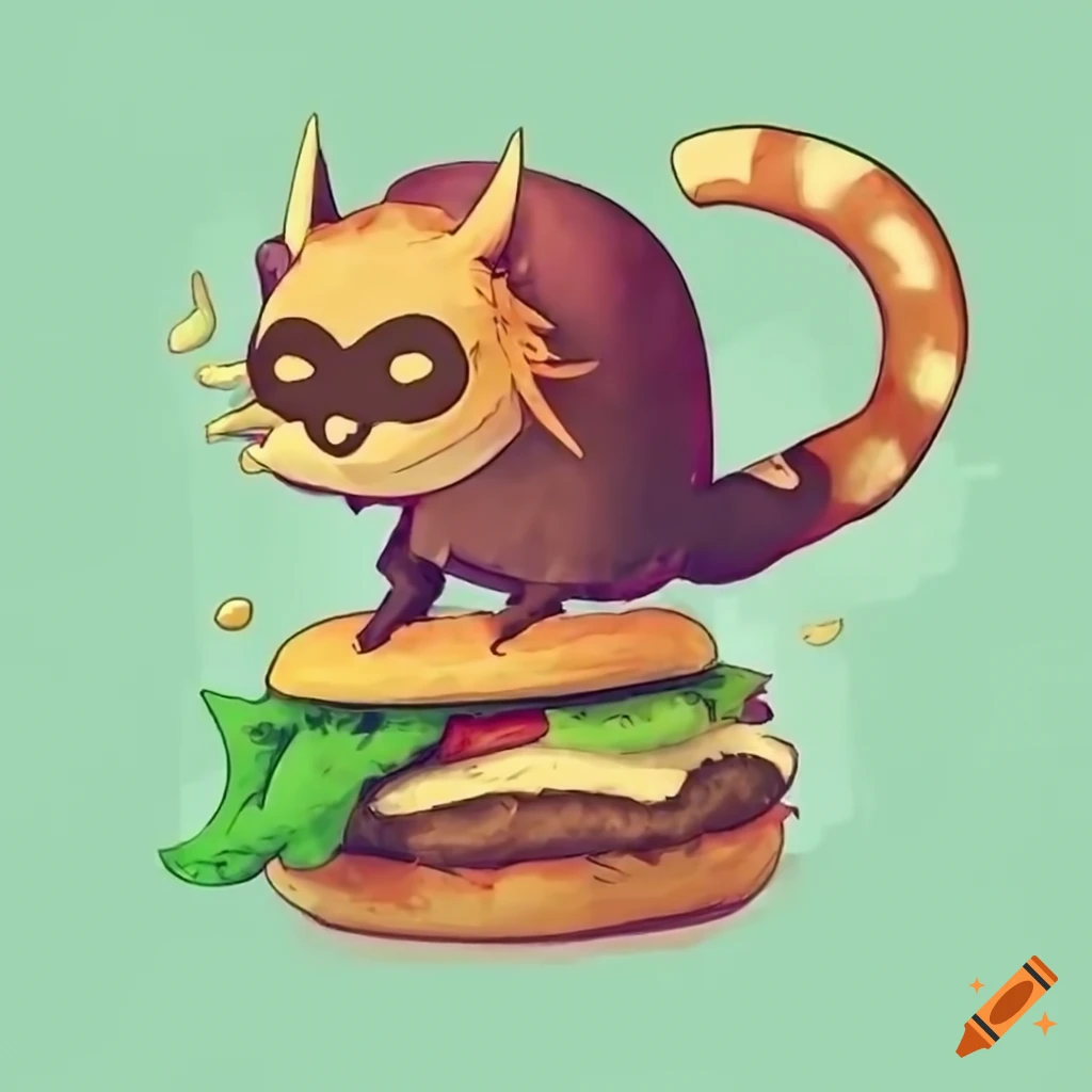 Slugcat from rain world with a burger on Craiyon